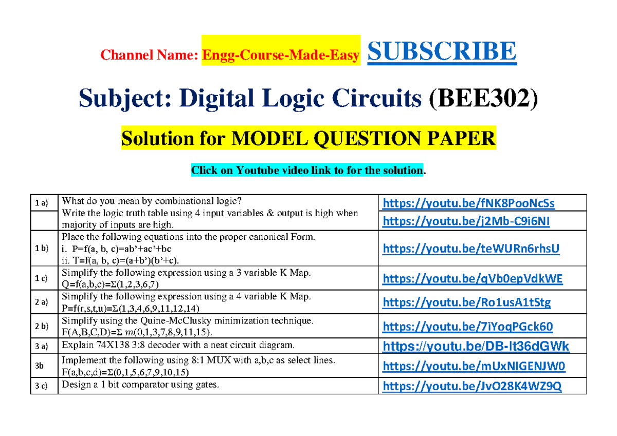 Digital Logic Circuits (BEE302) Model Question Paper Solutions - Studocu