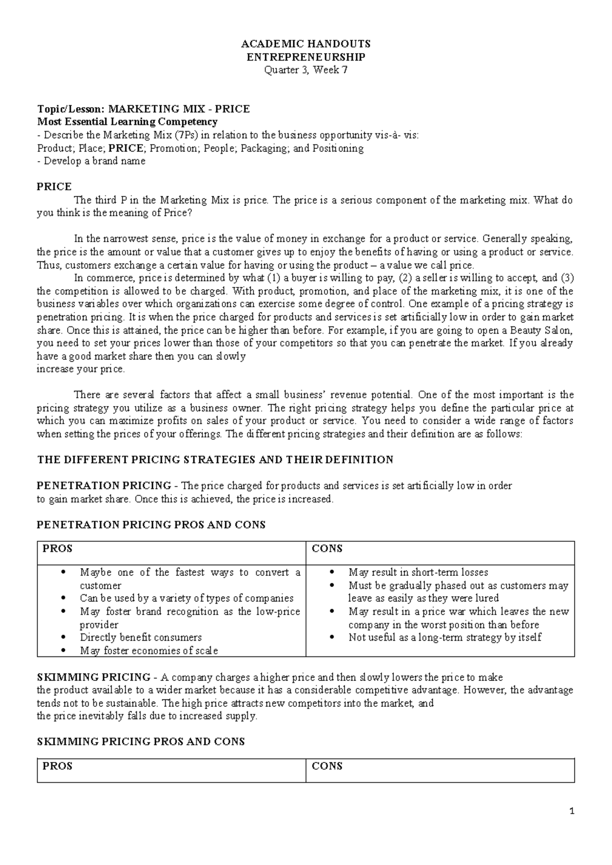 Entrep Q3W7 AHO: Understanding the Marketing Mix - Price Strategies ...