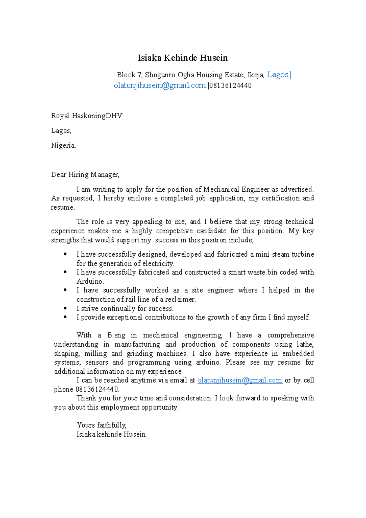 Cover letter -samsung - Isiaka Kehinde Husein Block 7, Shogunro Ogba ...