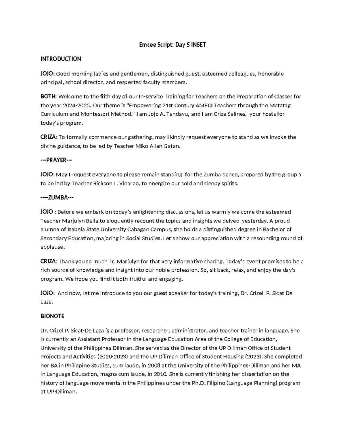 Emcee Script for Day 5 INSET Training 2023 - Studocu