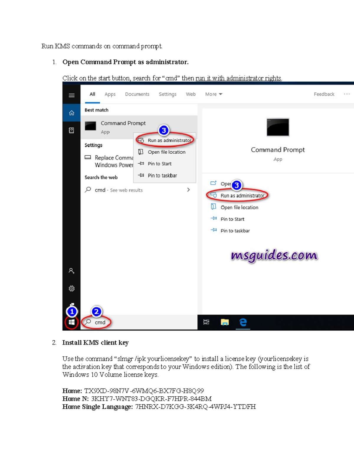 Run KMS commands on command prompt - 1. Open Command Prompt as ...