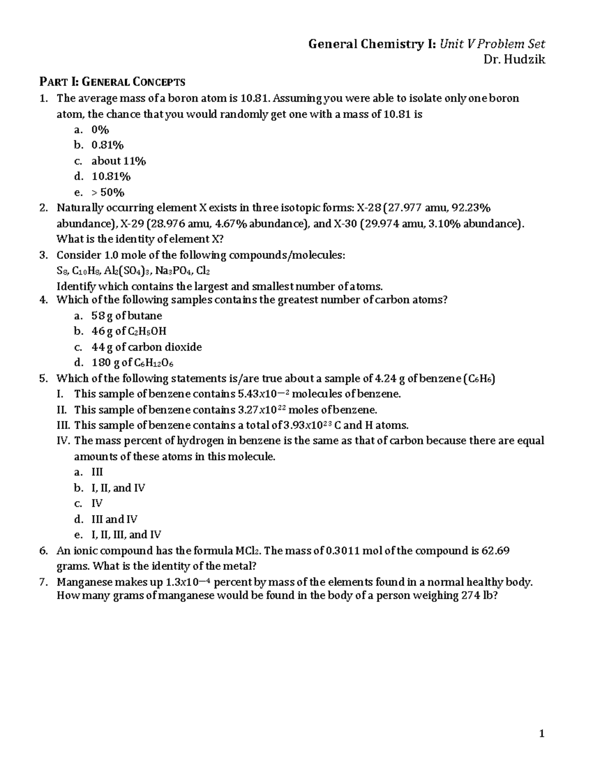 General Chemistry I: Unit V Problem Set Solutions - Studocu