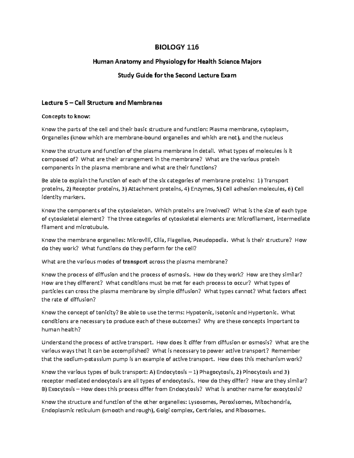 Biology 116 Study Guide for Second Lecture Exam on Cell Structure - Studocu
