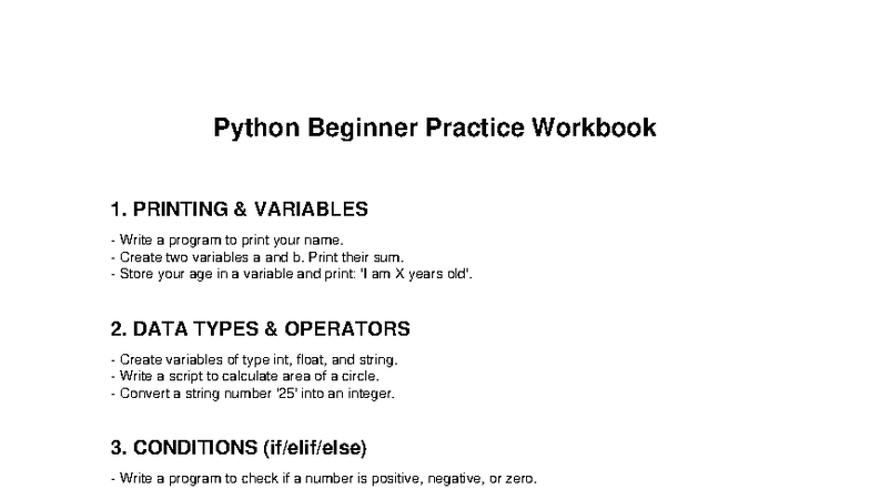 Python Beginner Practice Workbook 1: Variable Printing & Data Types - Studocu