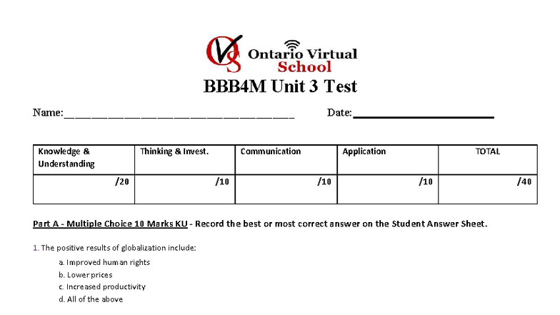 BBB4M Unit 3 Test: Knowledge, Understanding & Thinking Skills - Studocu