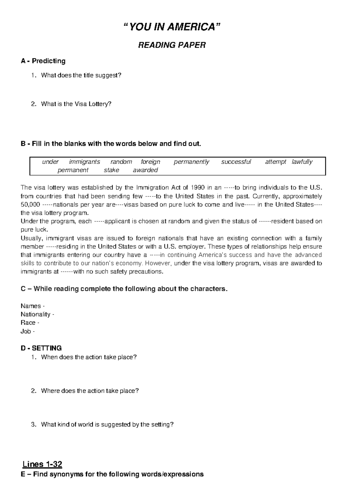 Reading Comprehension: Visa Lottery & Immigrant Experiences - Studocu