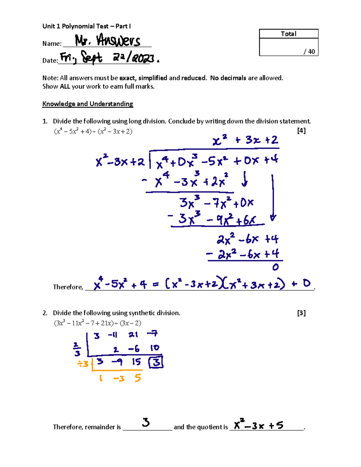 Unit 1 Polynomial Test - Sem 1 2023 Answers and Solutions - Studocu