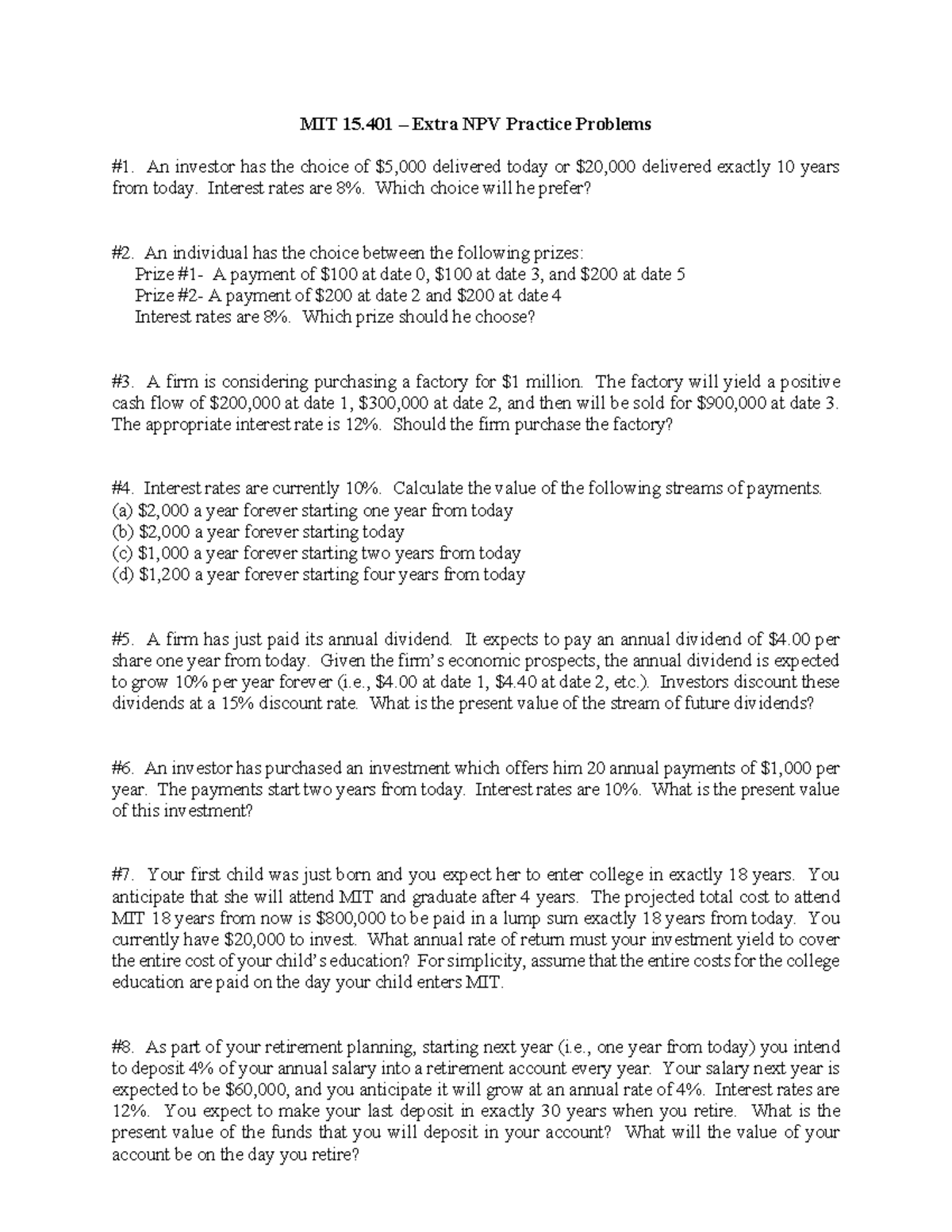 Extra NPV Practice Problems (1NPV) for MIT 15 Students - Studocu
