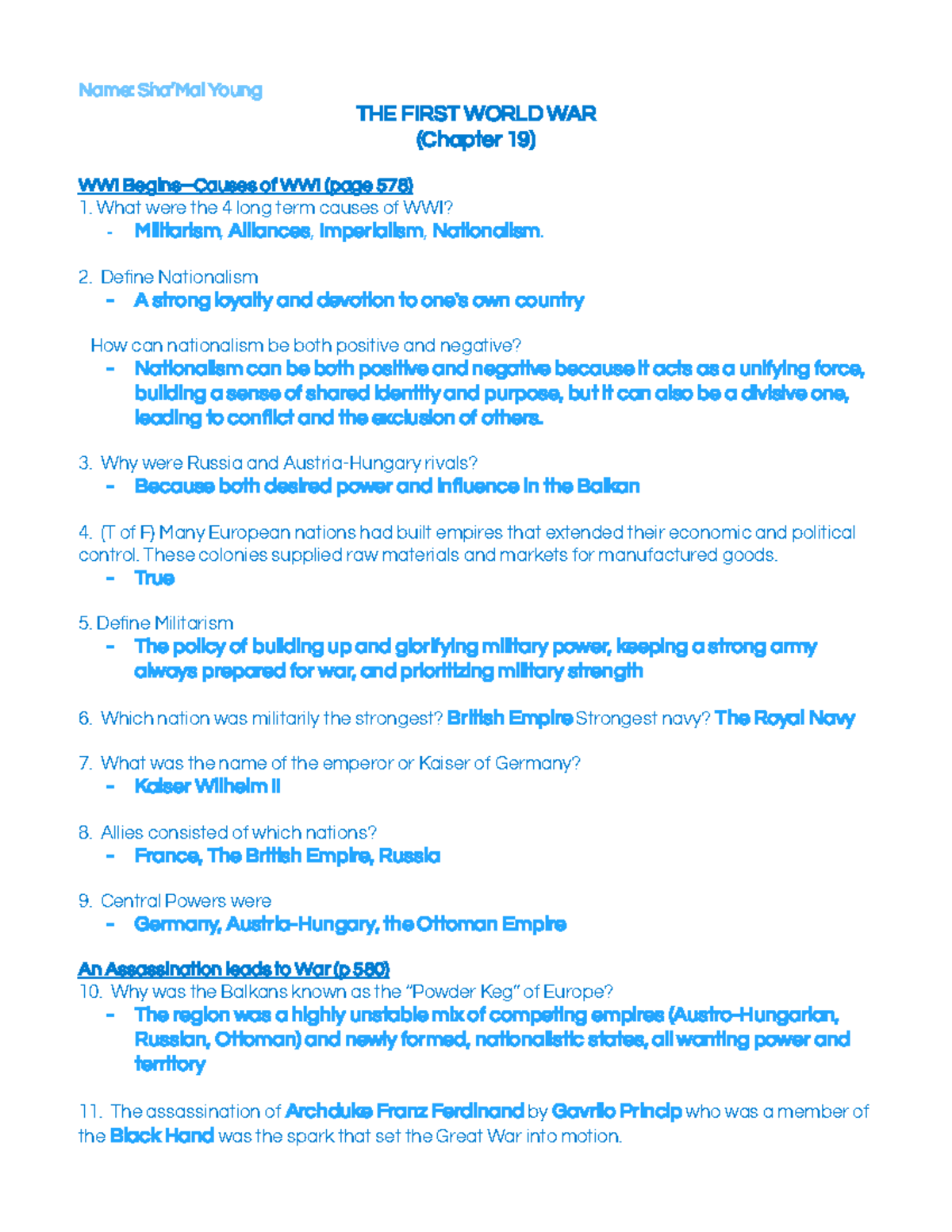 WWI Study Guide (Chapter 19) - Causes, Events, and U.S. Role - Studocu