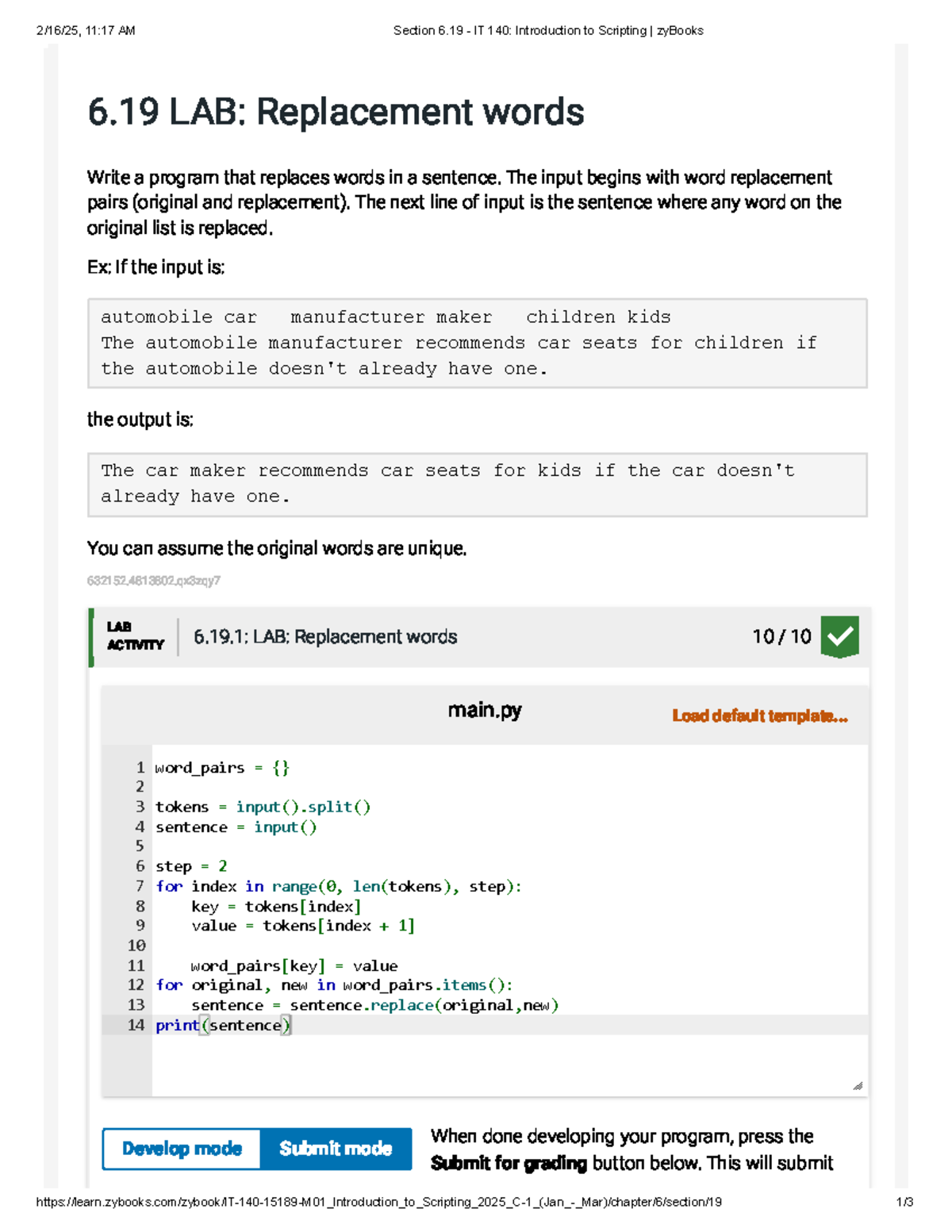 IT 140 Lab 6.19: Word Replacement Program Assignment - Studocu