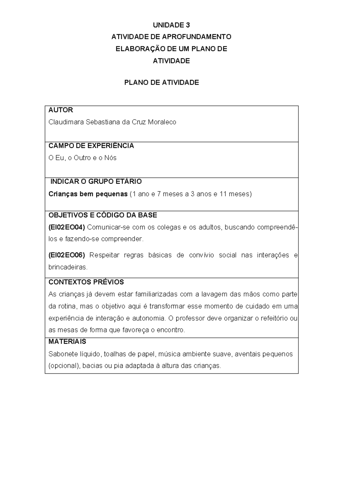UNIDADE 3 ATIVIDADE DE APROFUNDAMENTO: PLANO DE ATIVIDADE INFANTIL ...