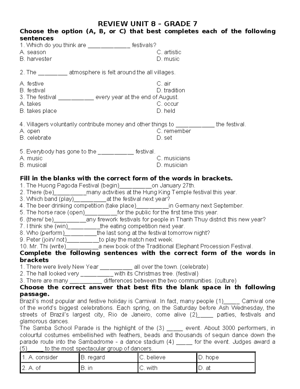 Review UNIT 8 L7 - practice - REVIEW UNIT 8 – GRADE 7 Choose the option ...