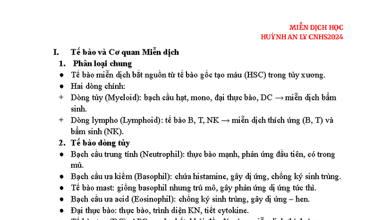 MIỄN DỊCH HỌC HUỲNH AN LY CNHS2024 TỔNG HỢP KIẾN THỨC - Studocu