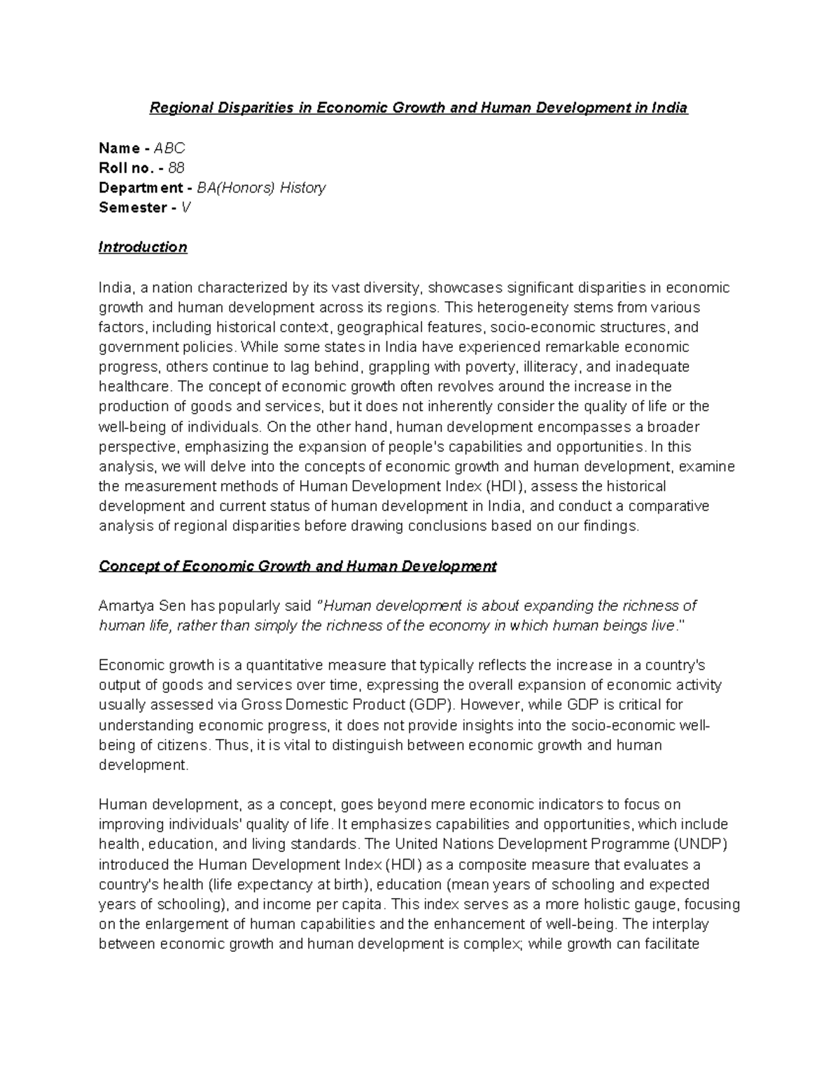 Basic Economic Development Assignment Roll No 82 - Regional Disparities ...
