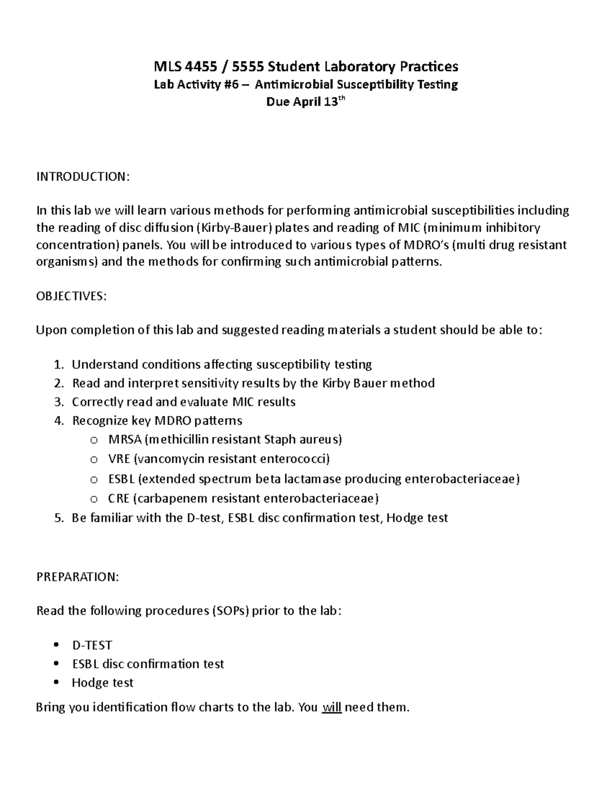 Micro Activity 6 - MLS 4455 Student Laboratory Practices Lab Activity ...
