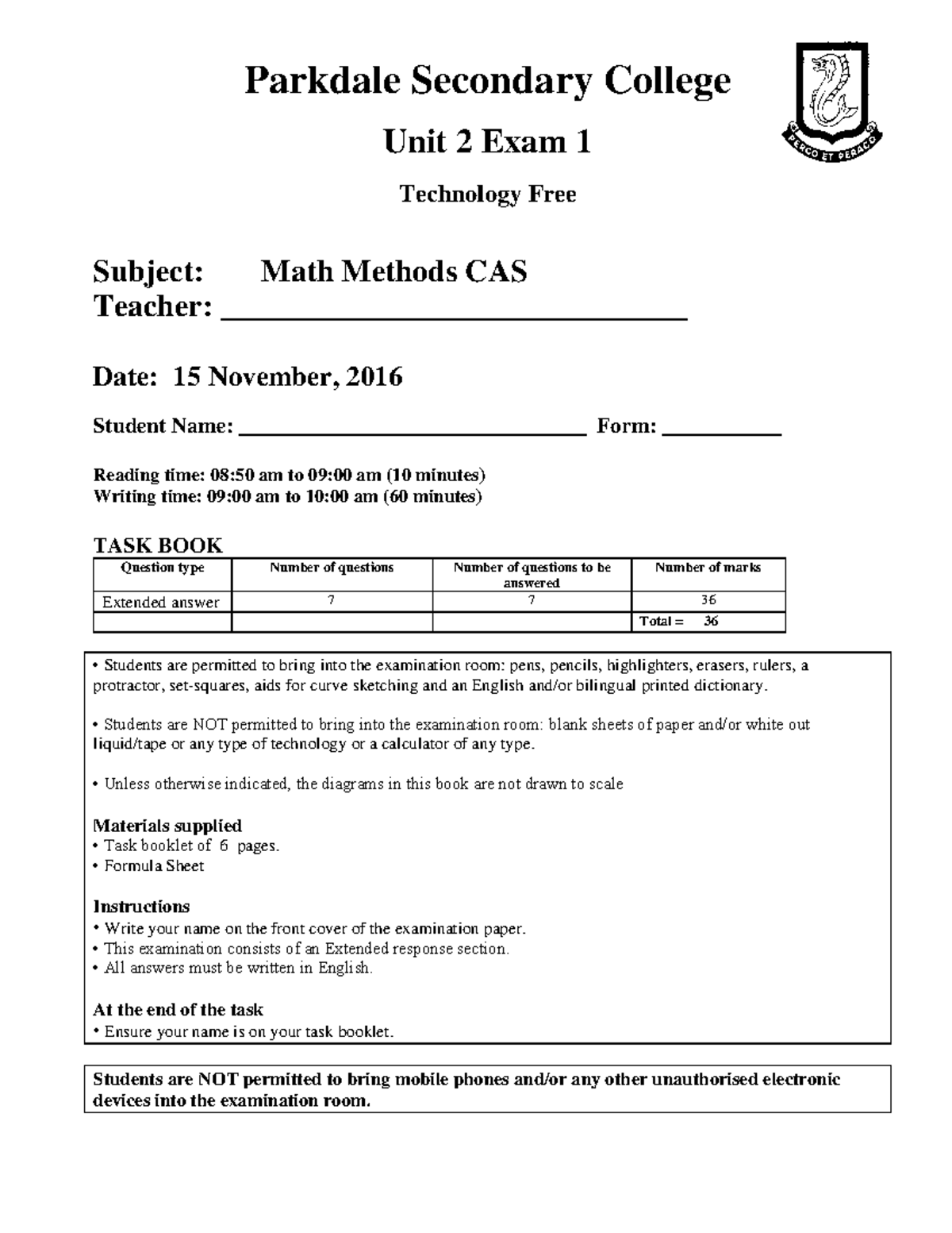 Unit 2 Technology Free Practice Exam - Math Methods CAS 2023 - Studocu