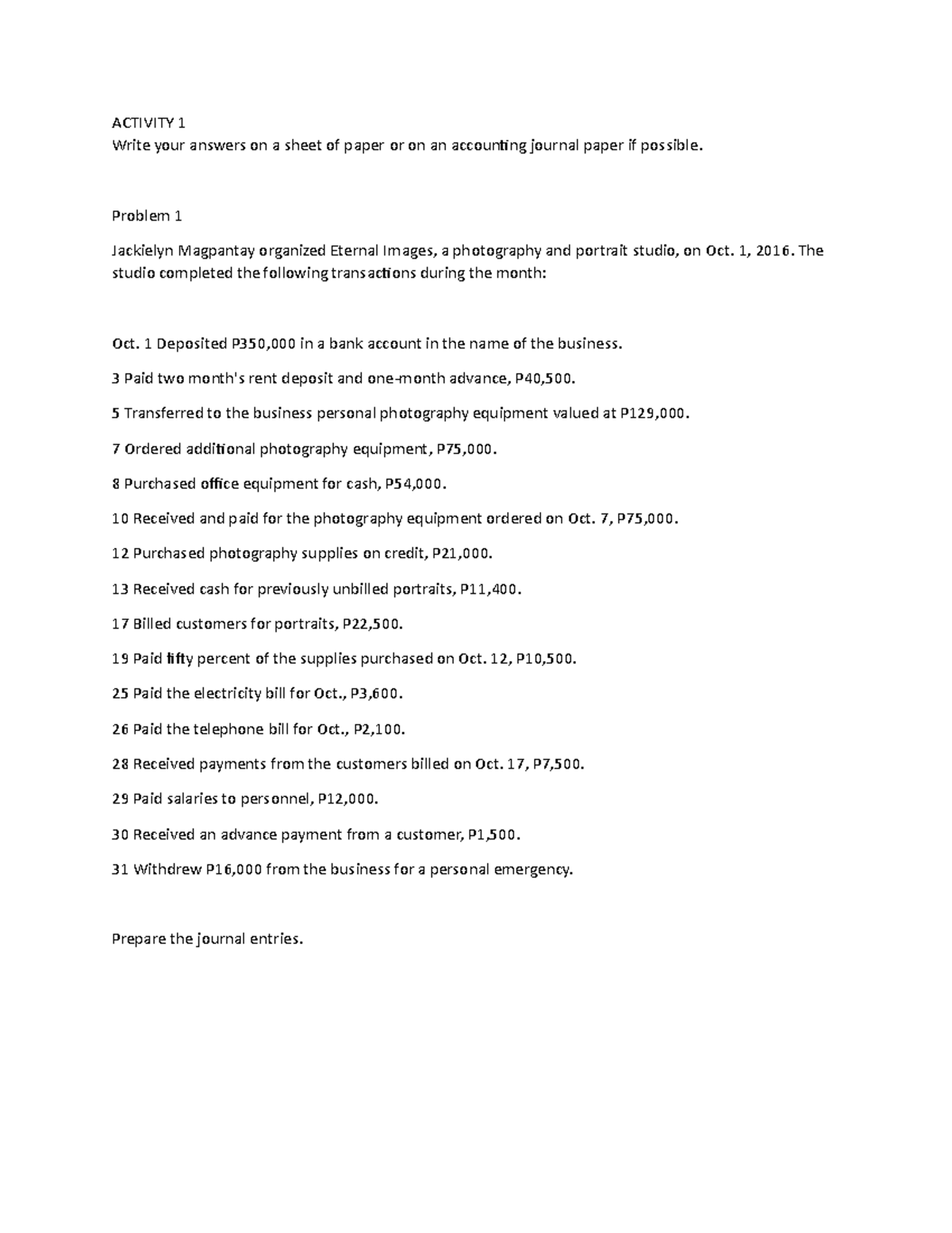 ABM500 Activity 1 - Journal Entries for FABM 2 Transactions - Studocu