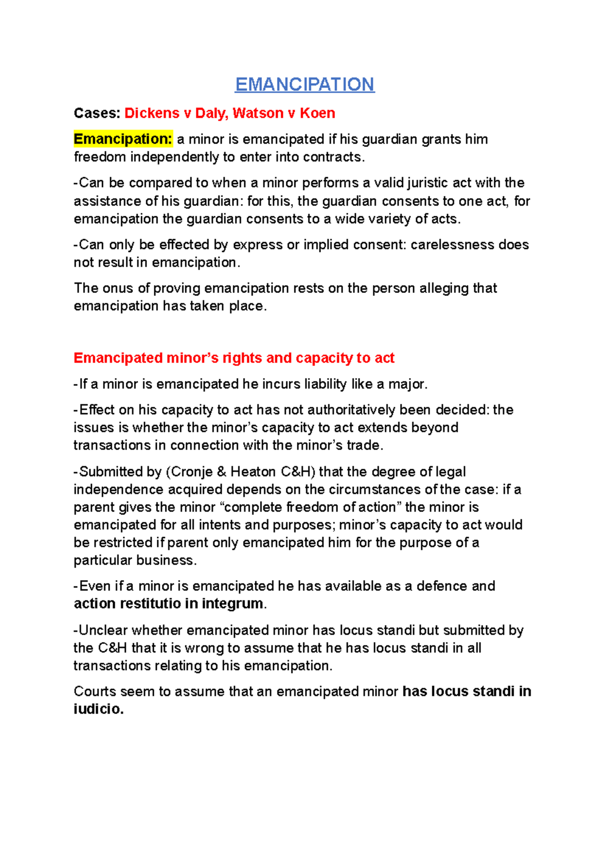 LAW OF Persons - Emancipation Overview and Key Cases - Studocu