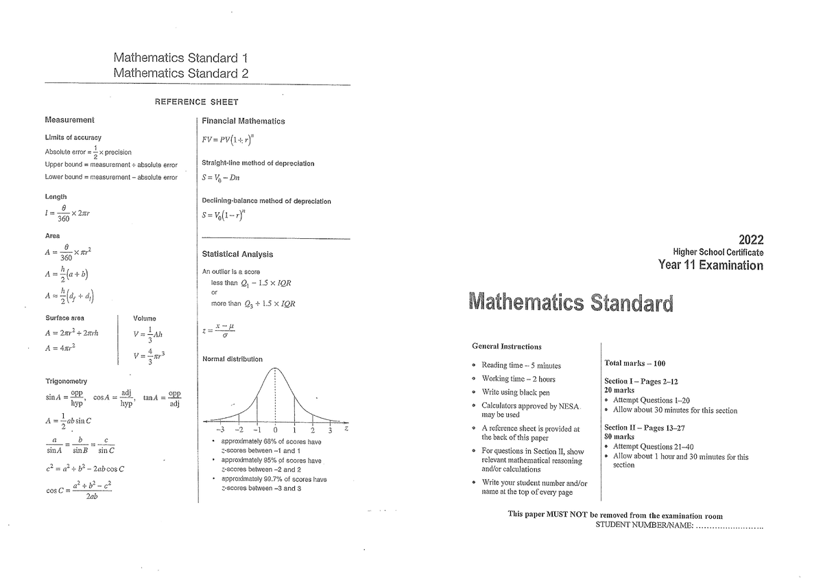 Mathematics Standard 1 & 2 HSC 2022 Exam Reference Sheet - Studocu
