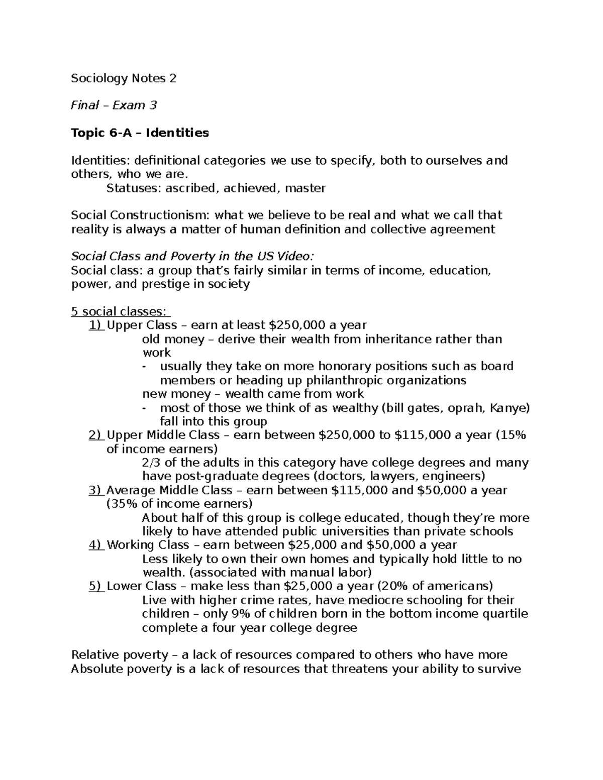 Sociology Final Exam 3 Notes: Identities, Class & Poverty Insights ...