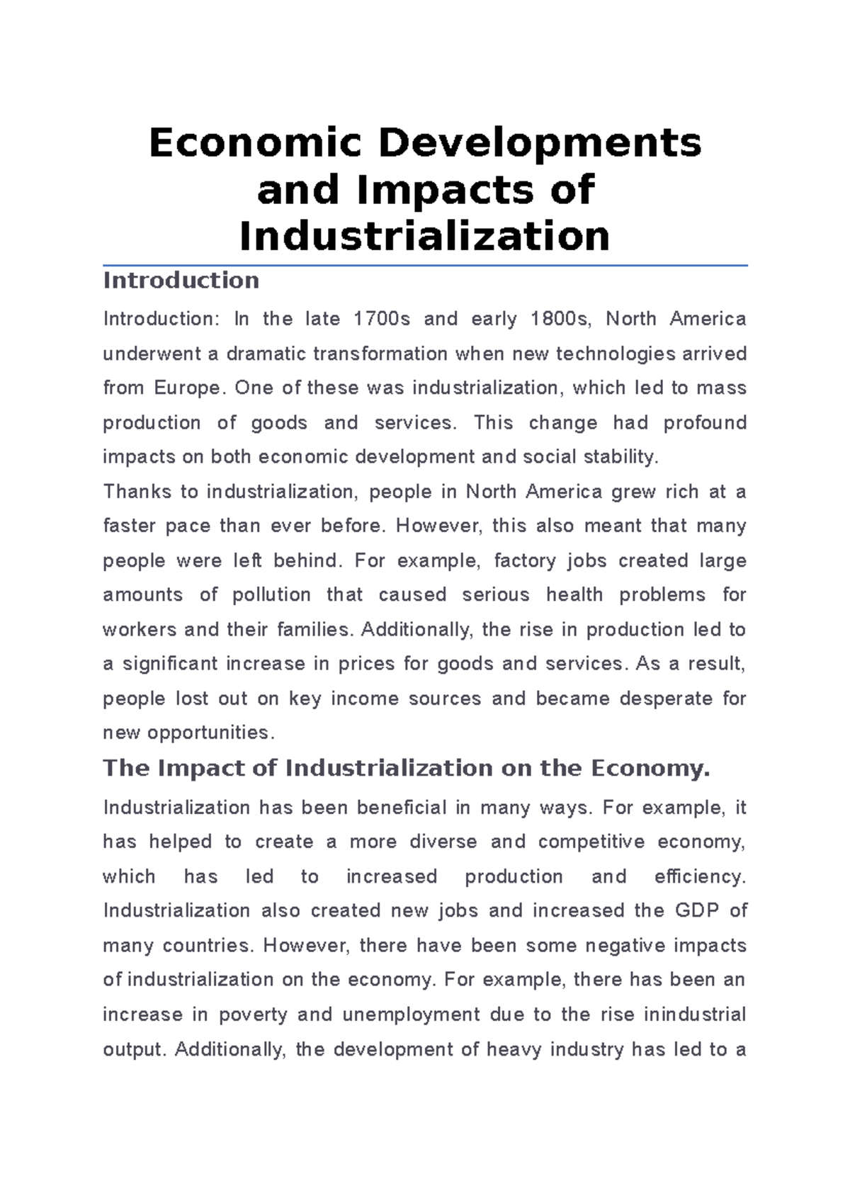 Economic Developments & Impacts of Industrialization: A Study - Studocu