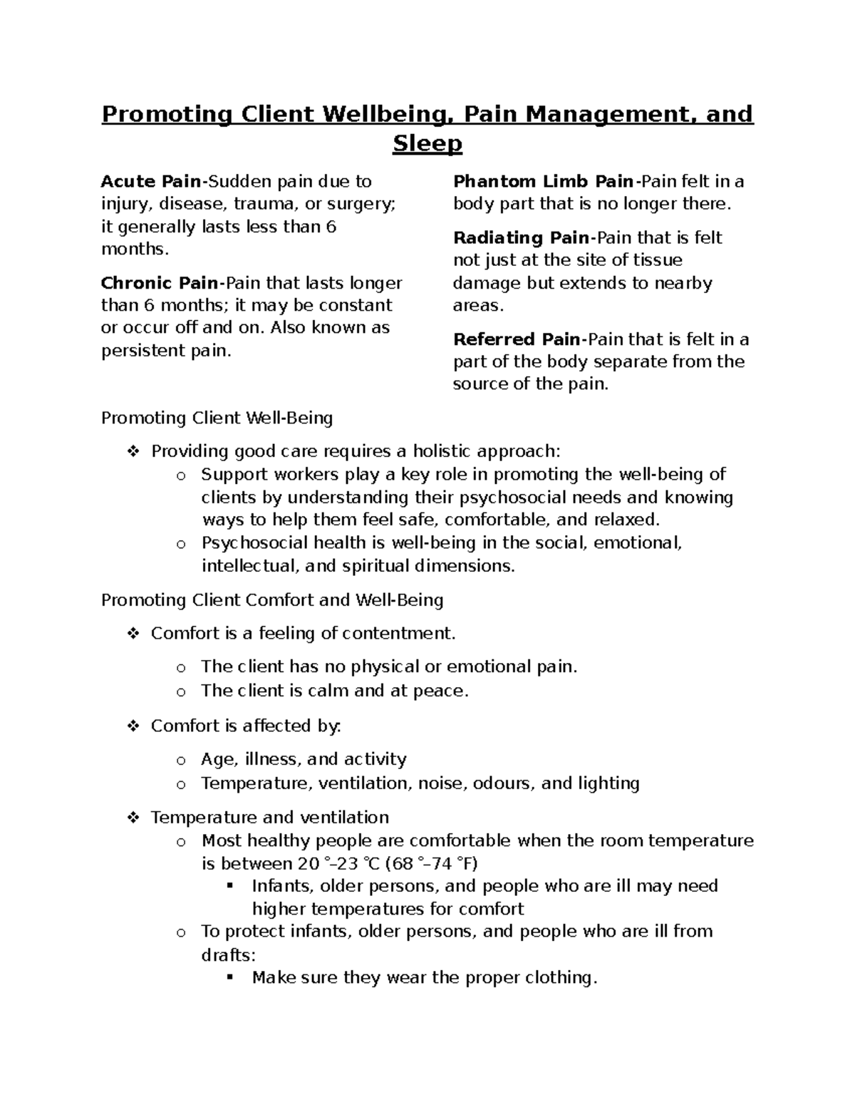 Promoting Client Wellbeing: Pain Management & Sleep Strategies - Studocu