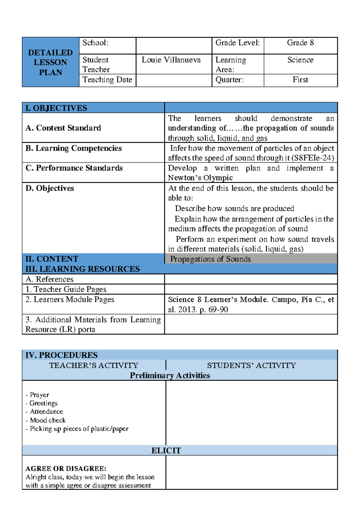 Detailed Lesson Plan: Sound Propagation in Science 8 - Studocu