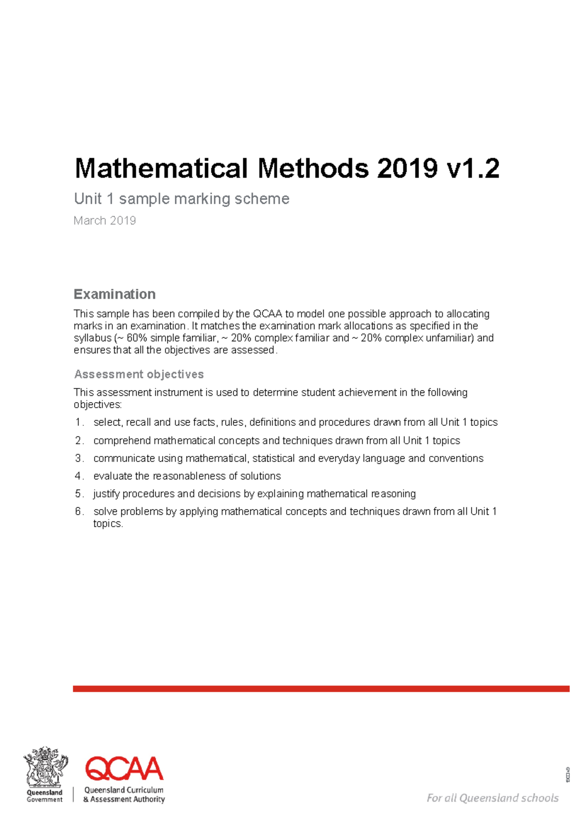 Mathematical Methods 2019 (Unit 1) QCAA Sample Test Marking Scheme ...