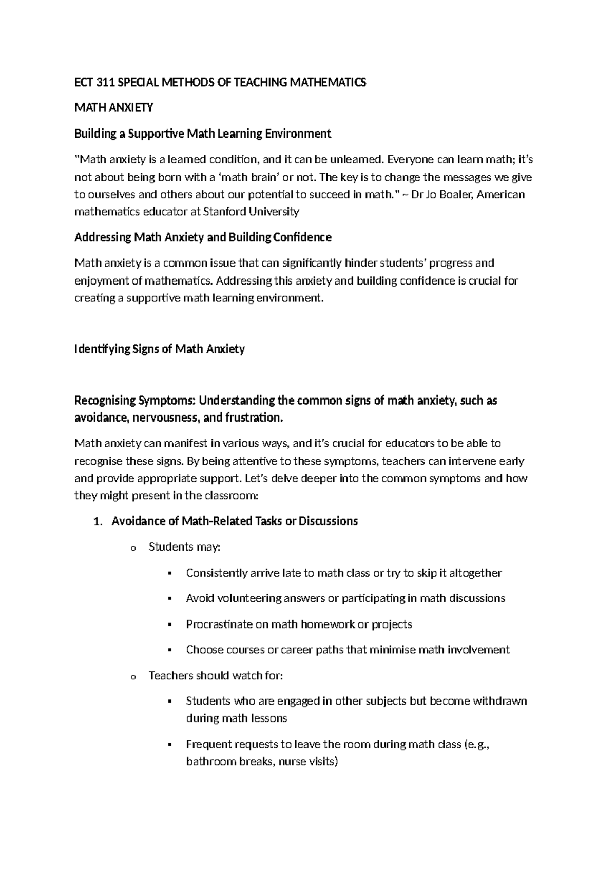 ECT 311 Final Exam: Addressing Math Anxiety in Teaching Methods - Studocu