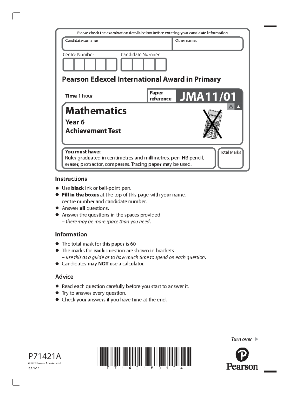Mathematics Year 6 Achievement Test - JMA11 01 Past Paper - Studocu