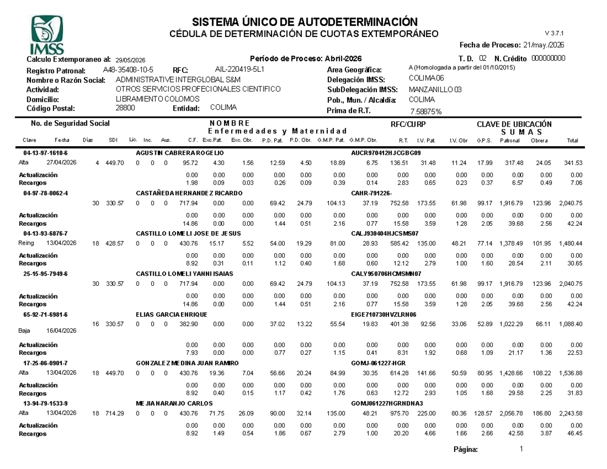Cédula de Determinación de Cuotas IMSS Extemporáneo V 3.7.1 - Abril ...