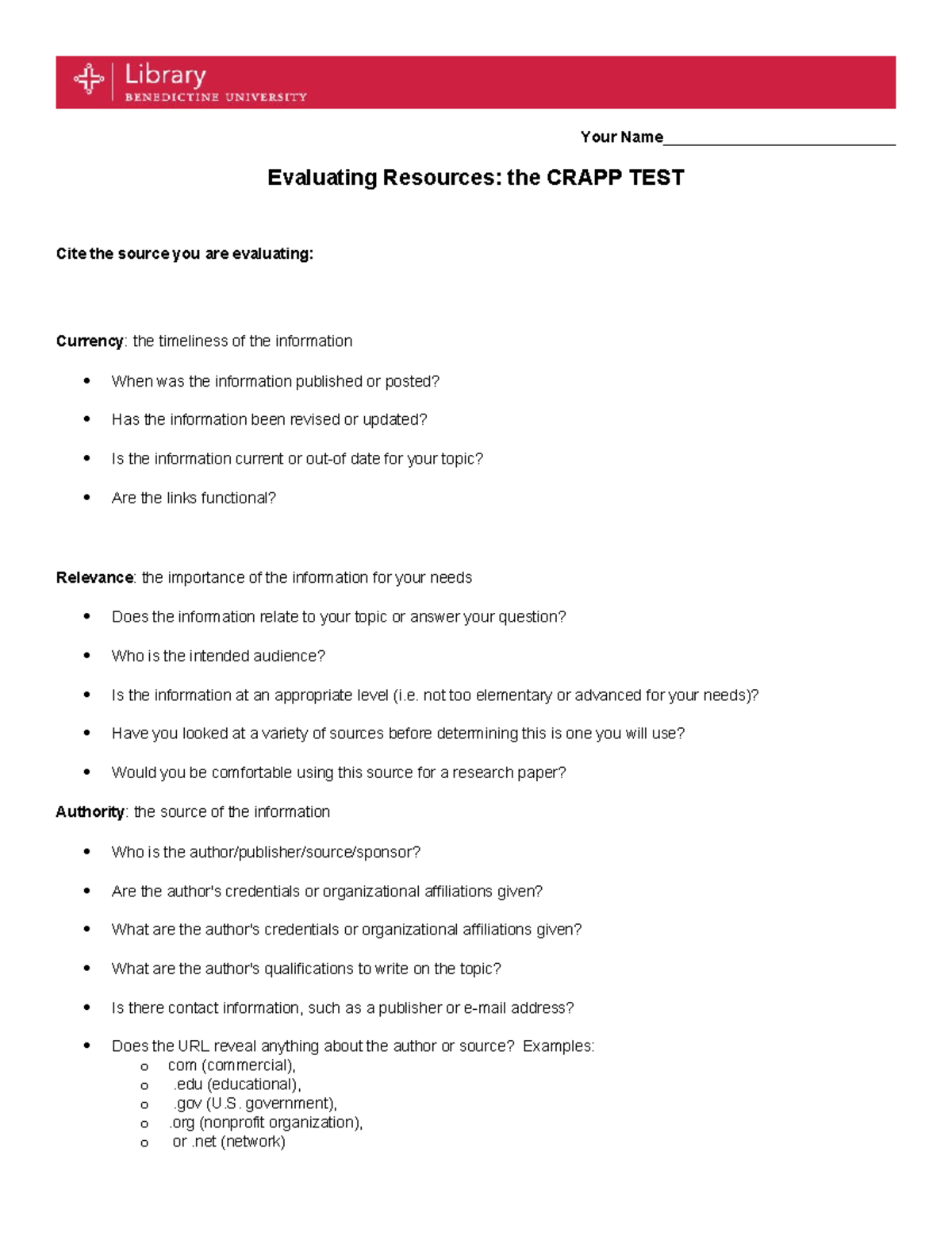 CRAPP Test Evaluation Sheet for Resource Assessment - Studocu