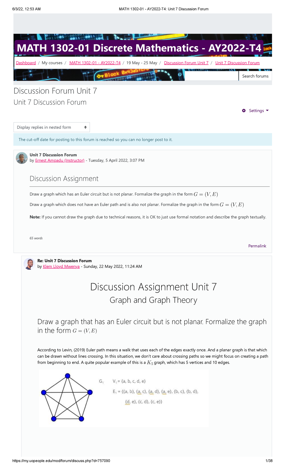 MATH 1302 01 AY2022 T4 Unit 7 Discussion Forum - MATH 1302-01 Discrete ...