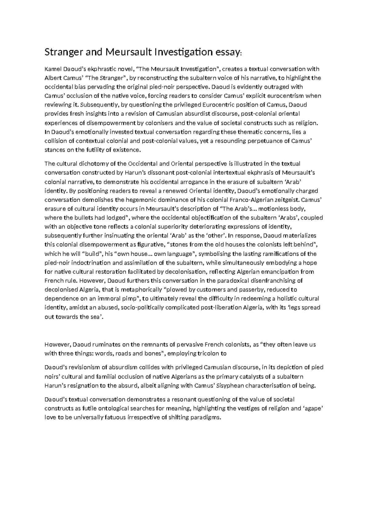 Stranger and Meursault Investigation essay (Auto Recovered) - Stranger ...