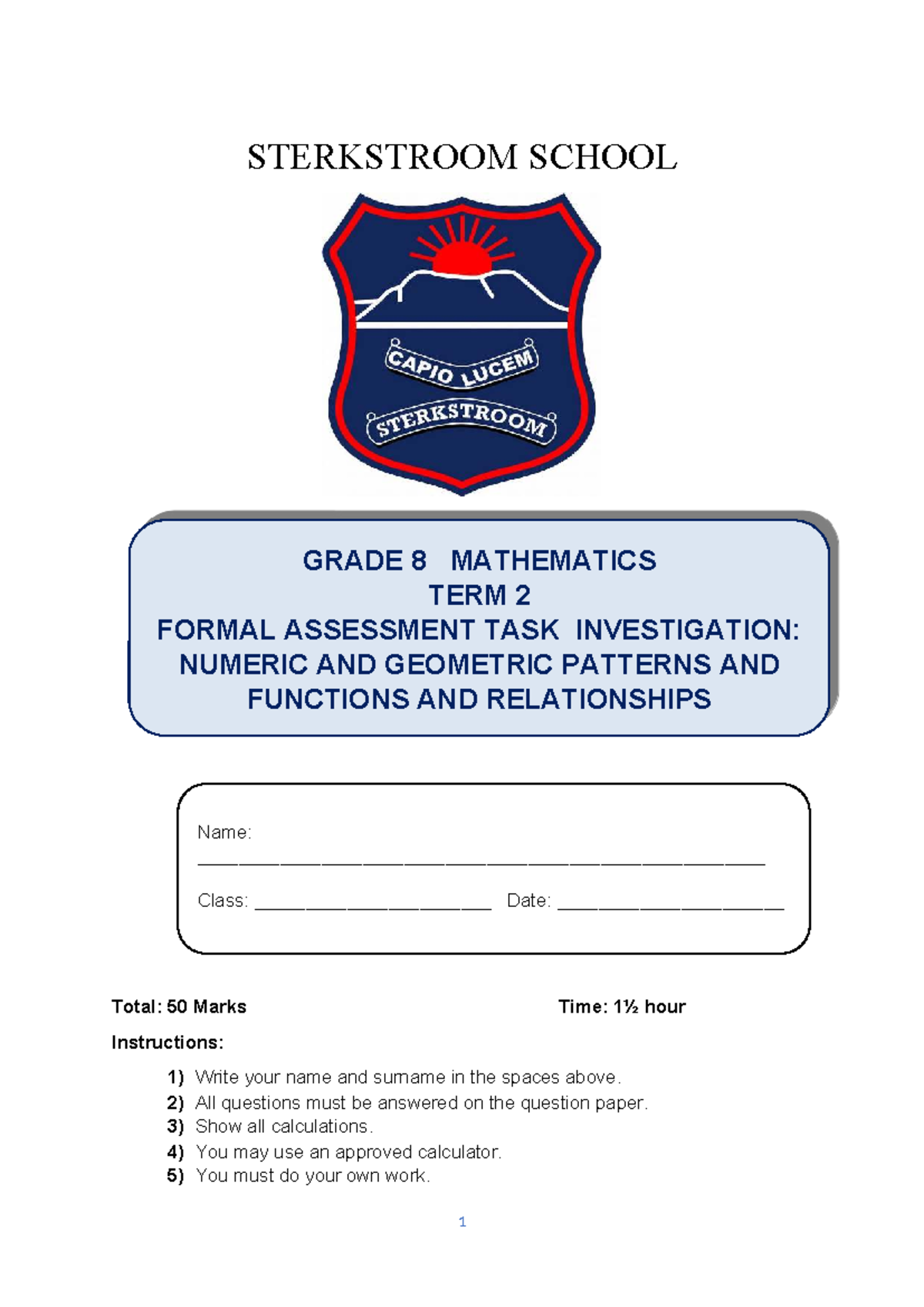 Grade 8 Mathematics Term 2 Formal Assessment: Numeric & Geometric ...
