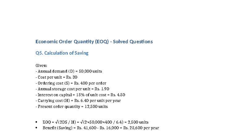 EOQ Solved Questions - Economic Order Quantity Analysis - Studocu
