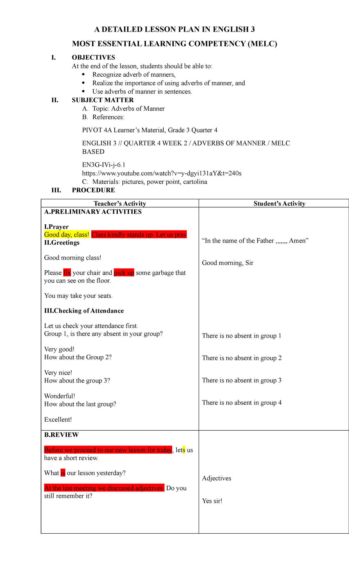 Detailed Lesson Plan for English 3: Adverbs of Manner - Studocu