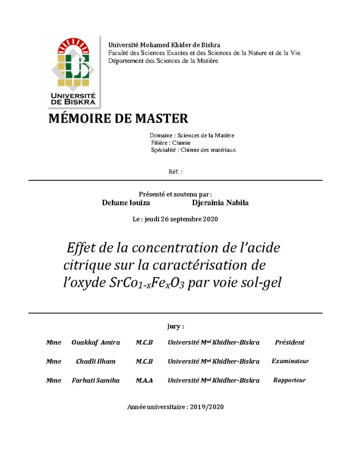 Mémoire Master 2020 : Effet de l'Acide Citrique sur l'Oxyde SrCo1 ...