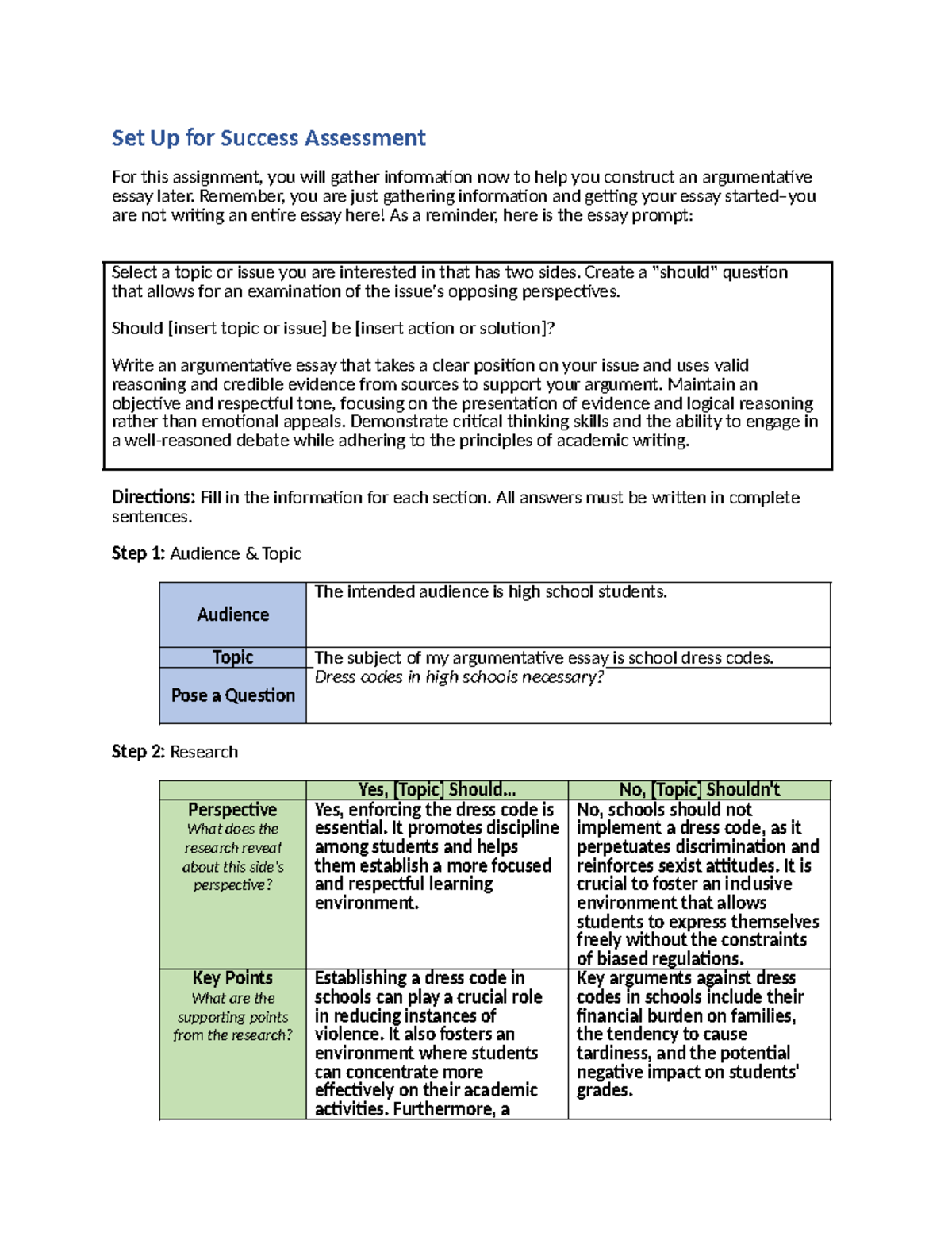Argumentative Essay Prep: Dress Codes in Schools (05.02) - Studocu