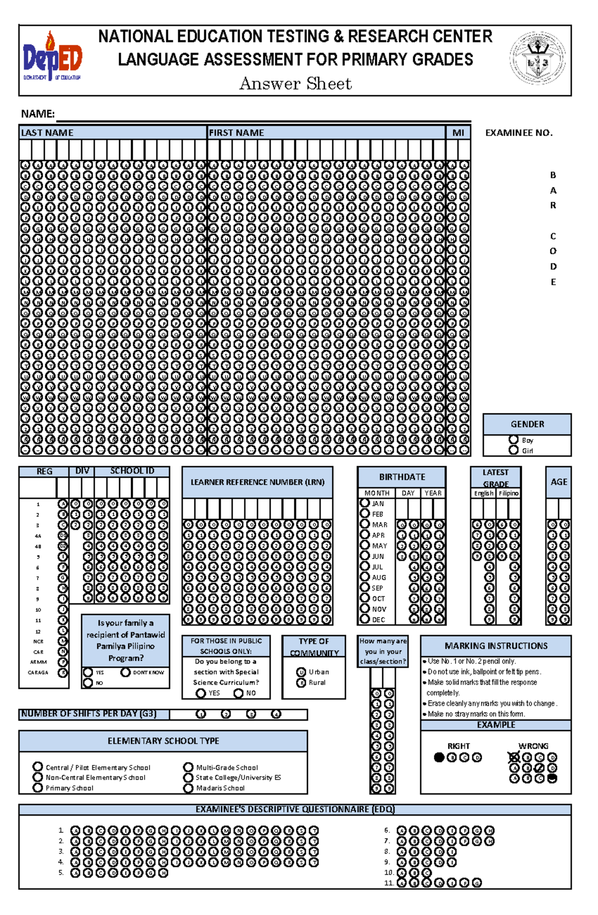 Answer Sheet - ELLNA 2023-2024 MATH, ENGLISH, & FILIPINO Responses ...
