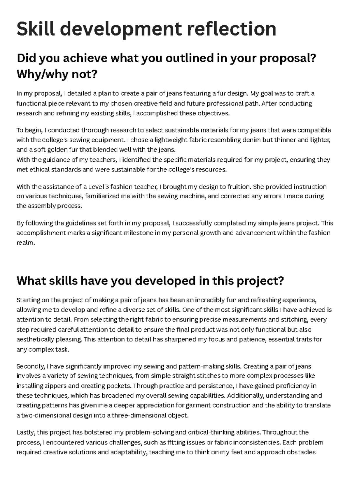 Reflection on Skill Development in Fashion Design Project (Fashion 101 ...