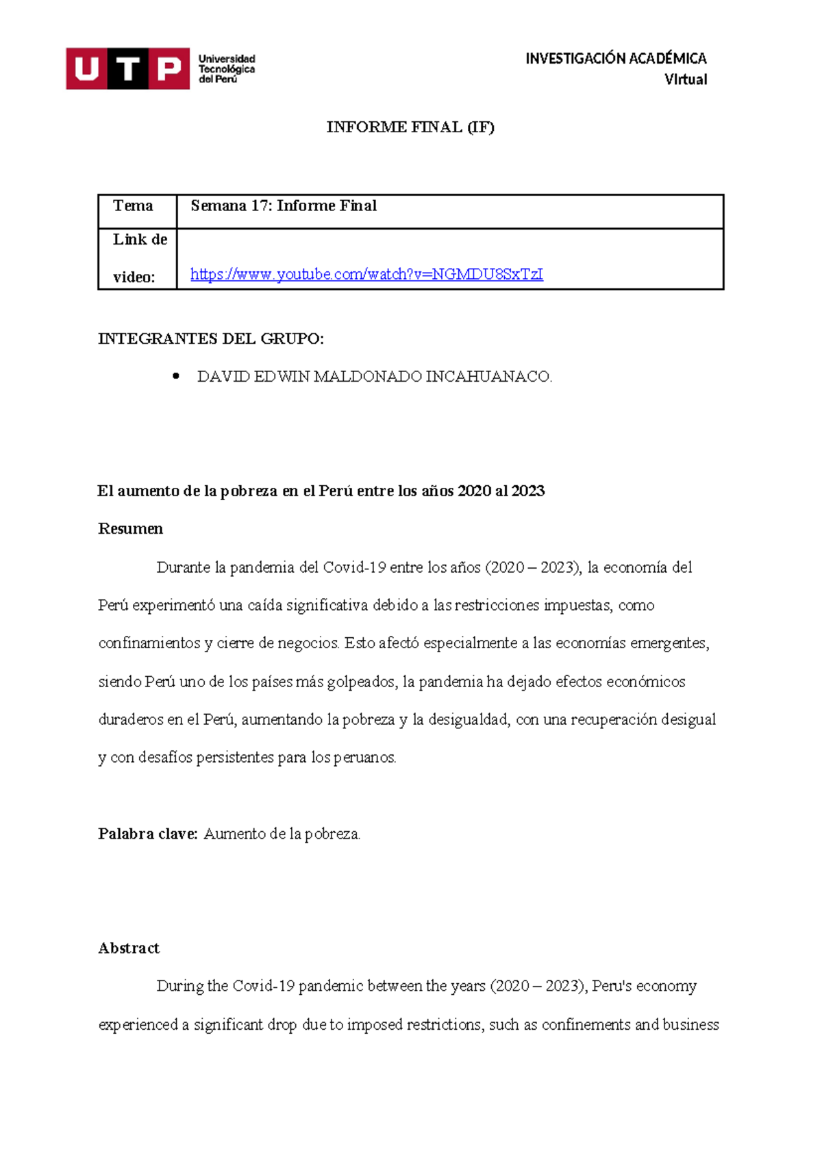 Informe Final IF - Virtual INFORME FINAL (IF) Tema Semana 17: Informe ...