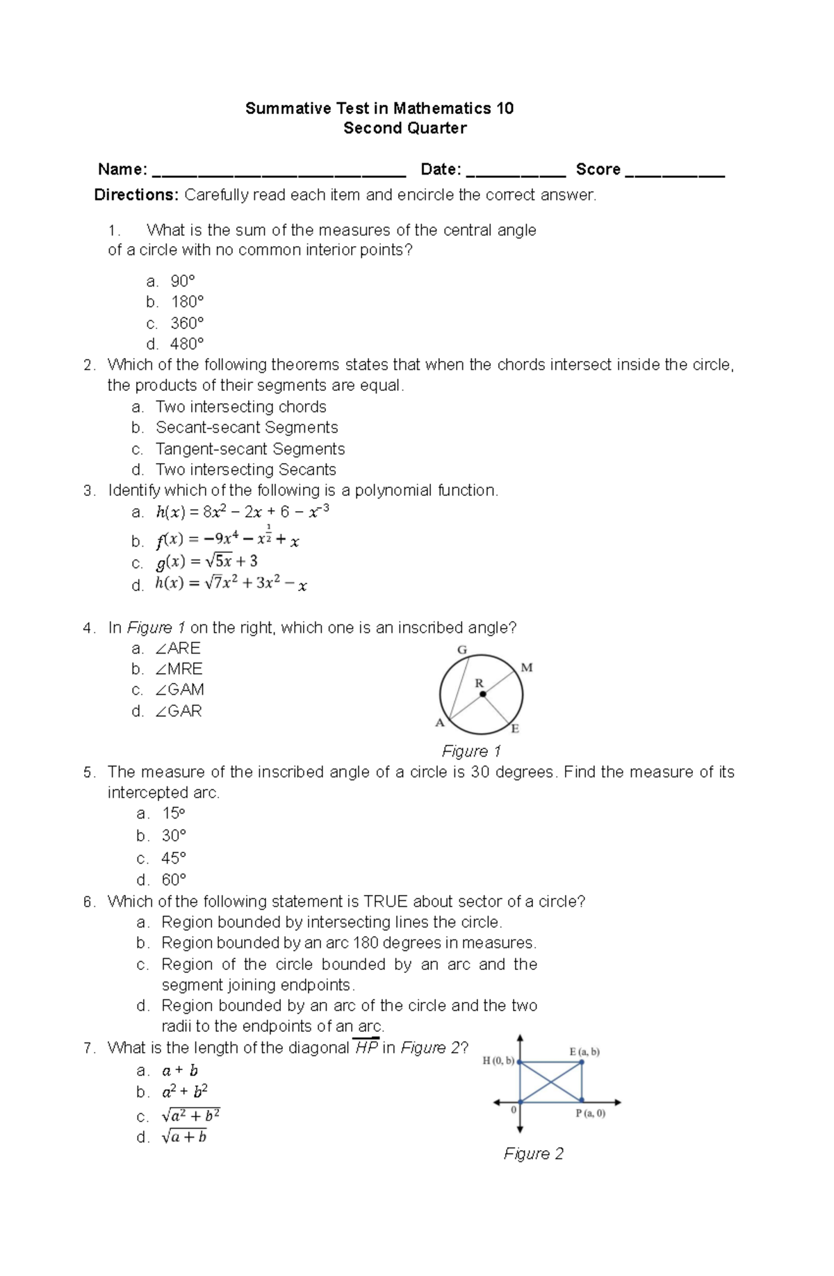 Summative Test for Mathematics 10: Second Quarter Assessment - Studocu