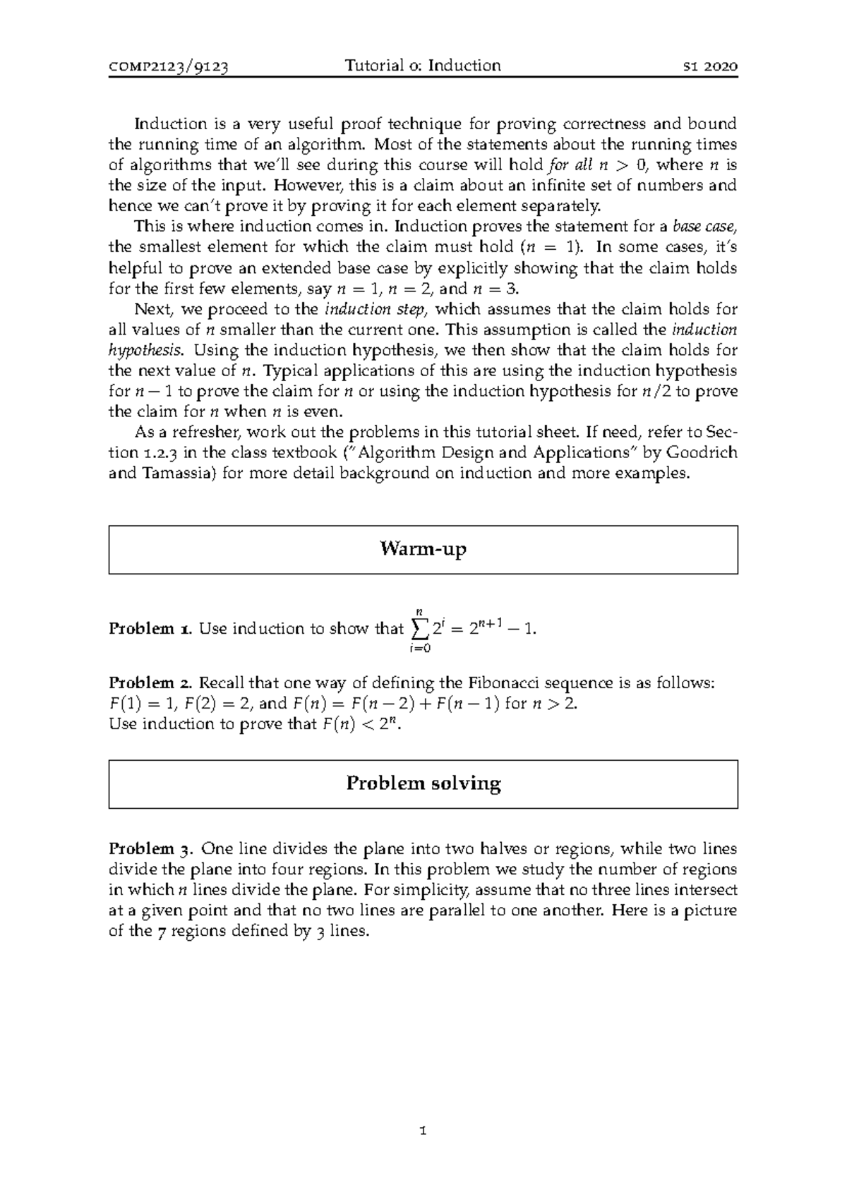 Tutorial 0 - Induction - comp2123/ 9123 Tutorial 0 : Induction s1 2020 ...