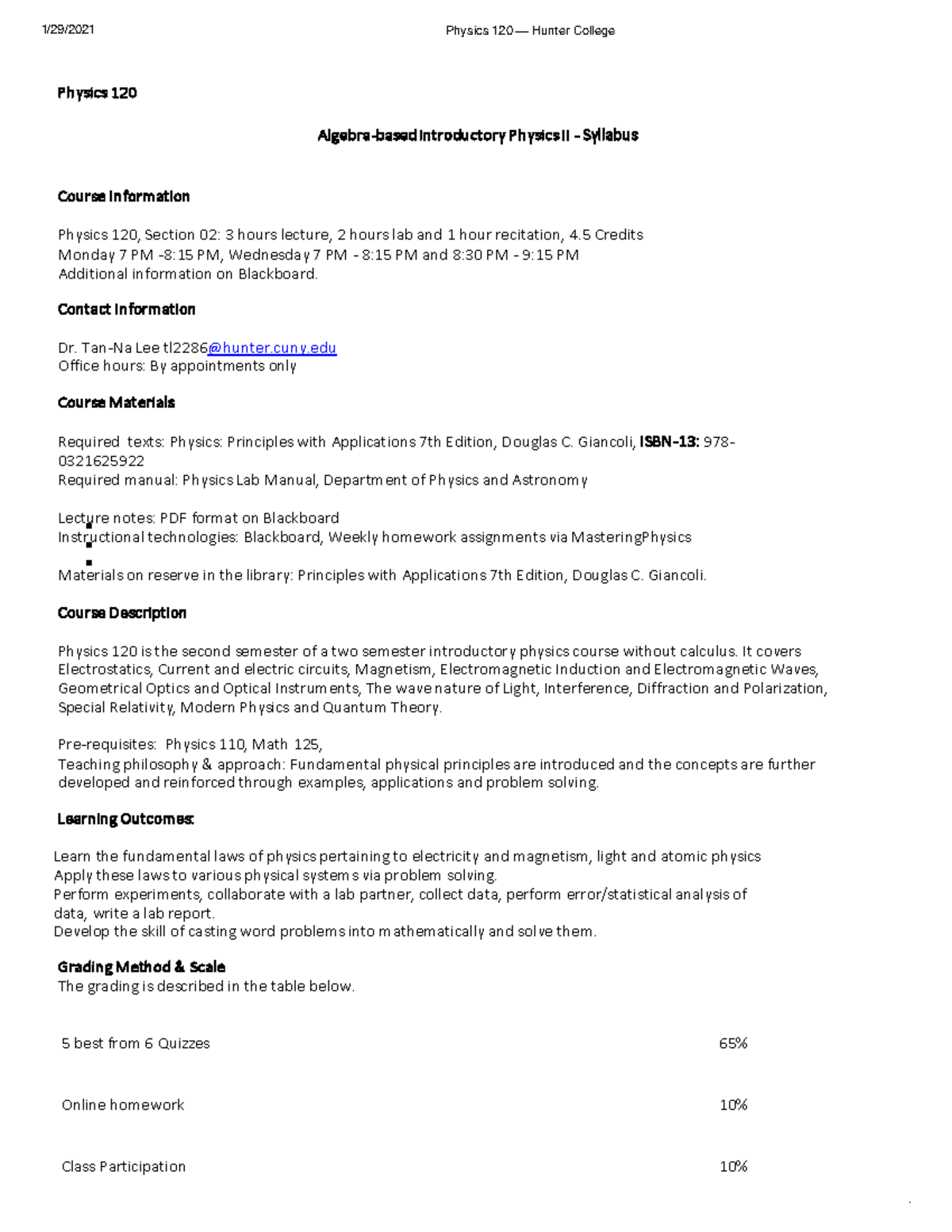 Physics 120 - Introductory Physics II Syllabus, Hunter College Spring ...