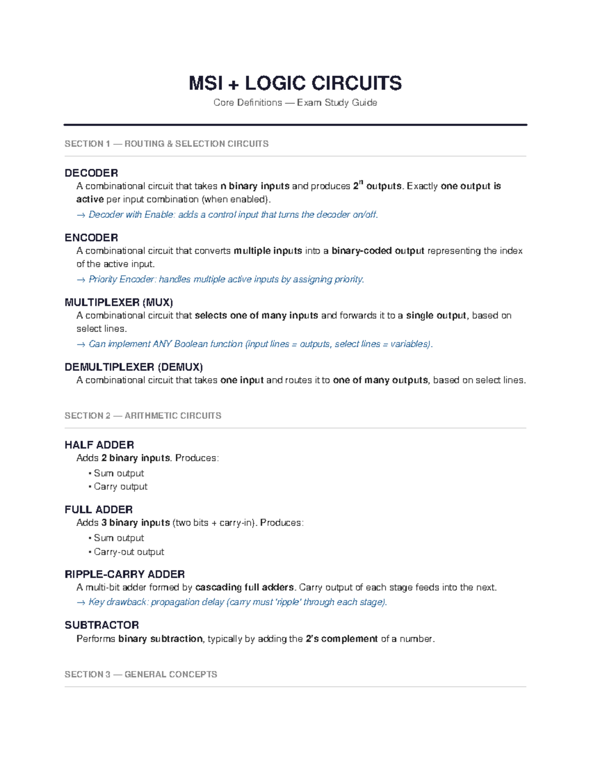 MSI Logic Circuits Exam Study Guide: Core Definitions & Concepts - Studocu