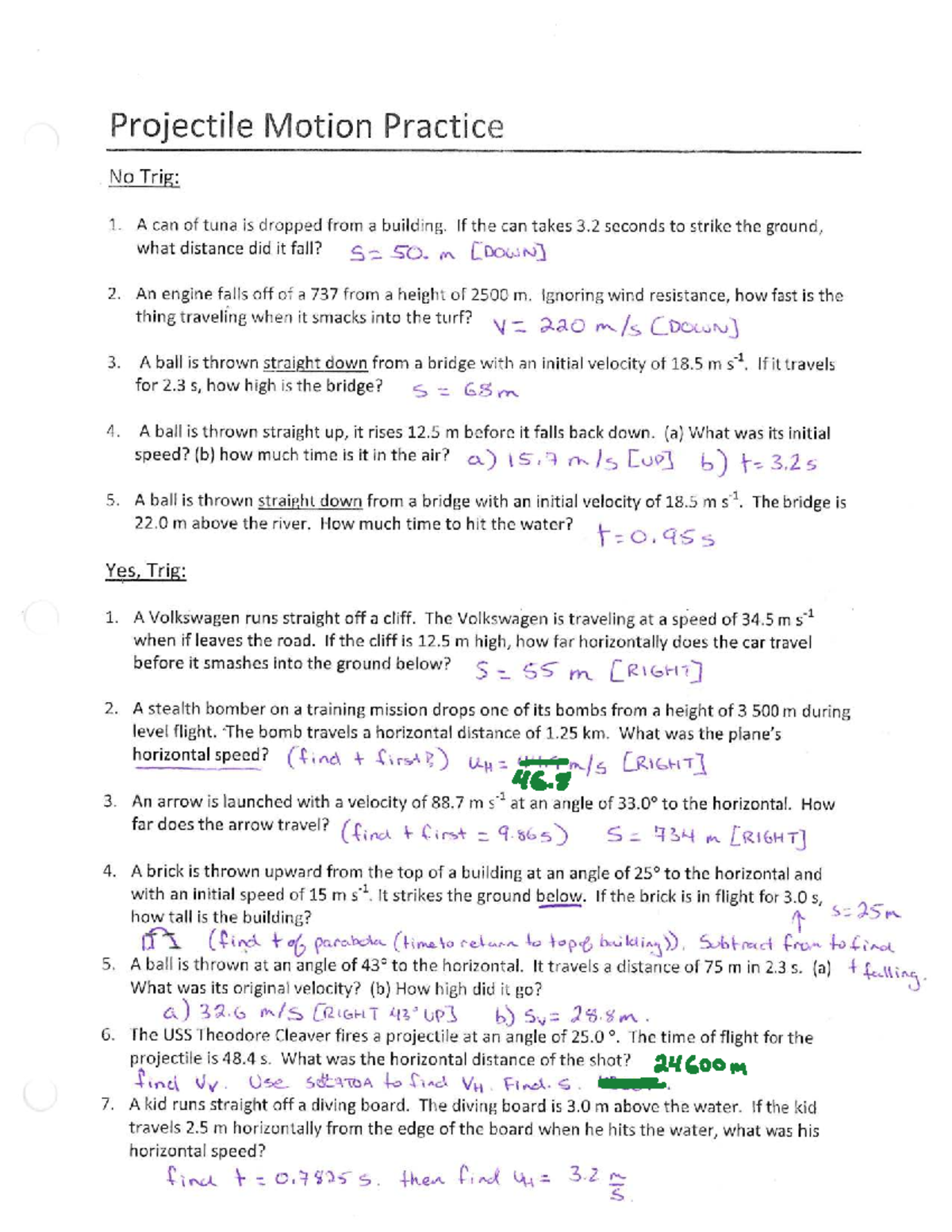 Projectile Motion Practice Problems & Solutions (No Trig) - Studocu