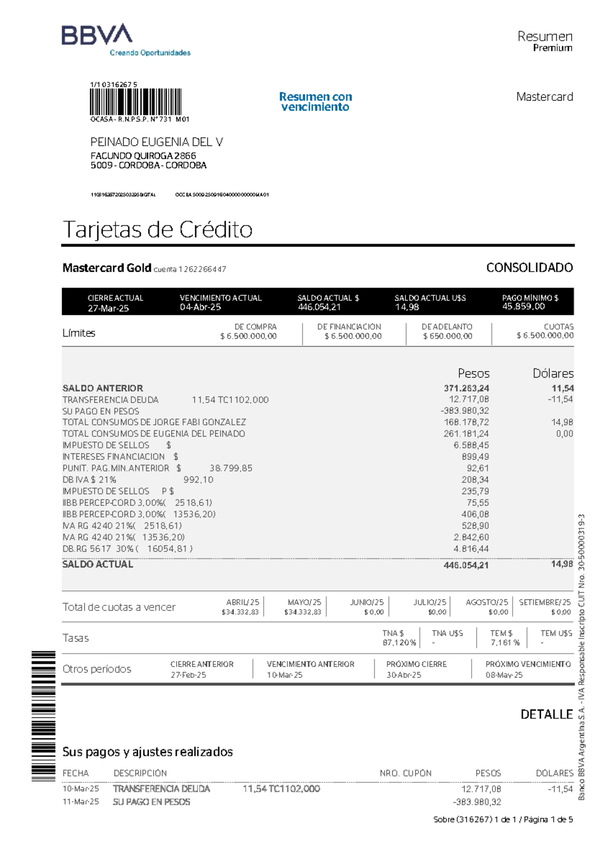 Resumen de tarjeta de crédito Mastercard Gold 0316267 - octubre 2023 ...