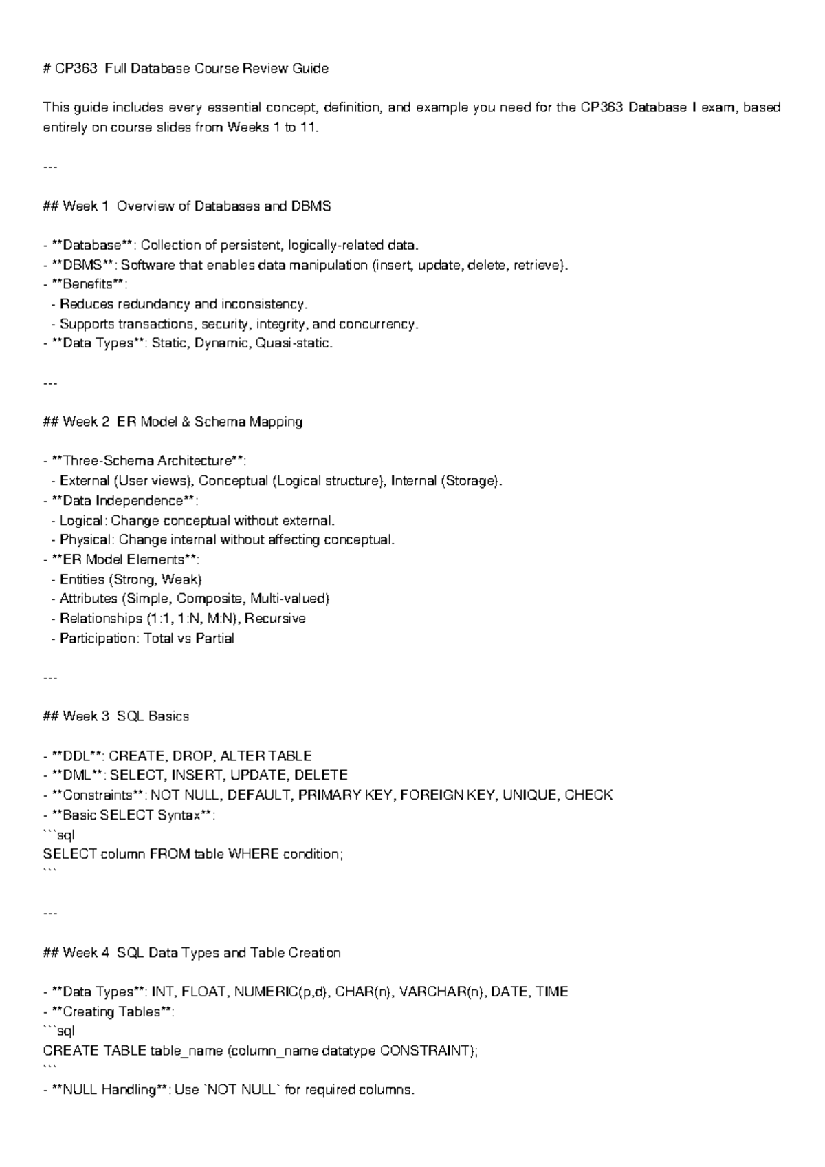 CP363 Database I Final Exam Review Guide - Studocu
