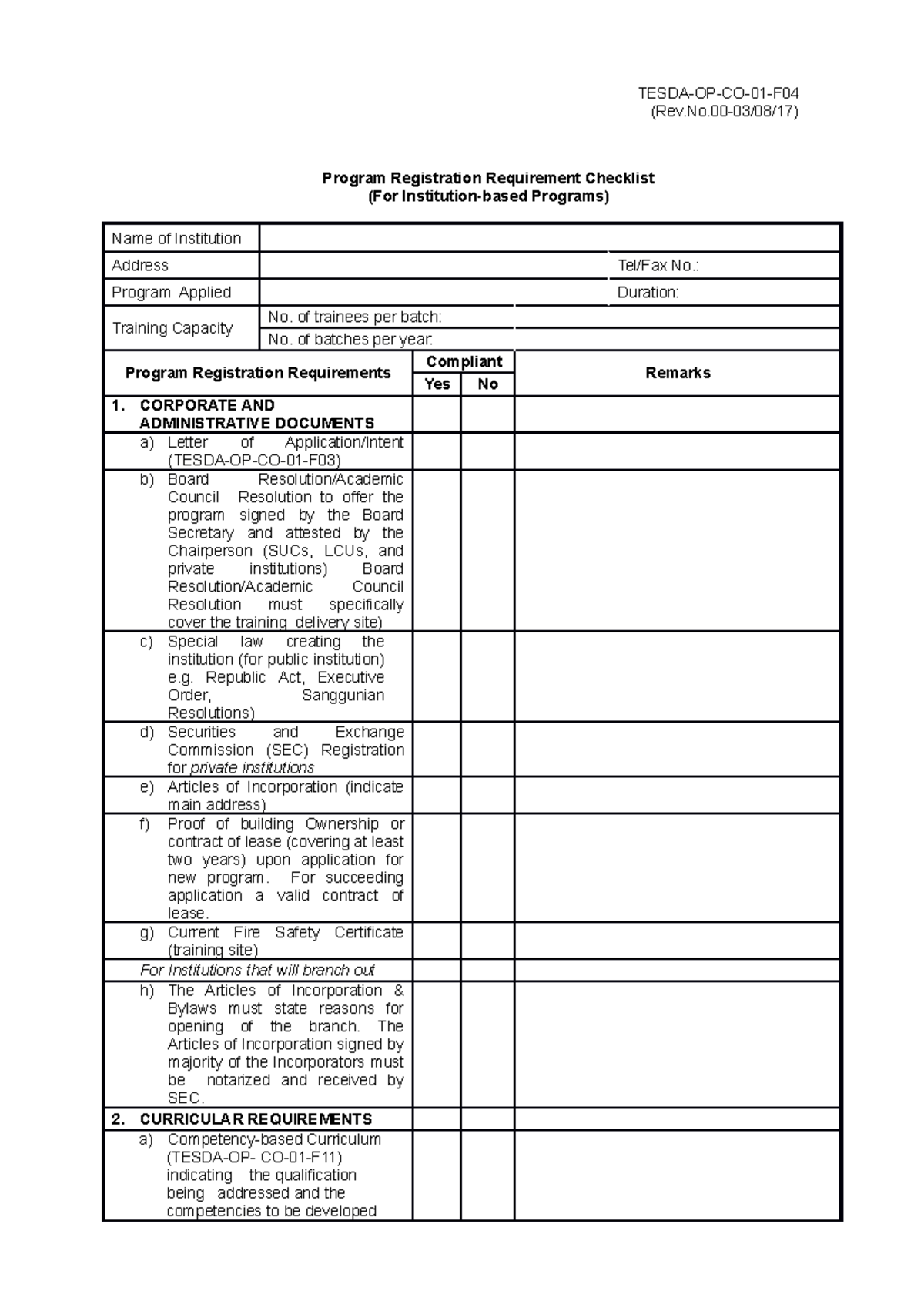 Tesda-OP-CO-01-F04 Program Registration Requirements Checklist - TESDA ...